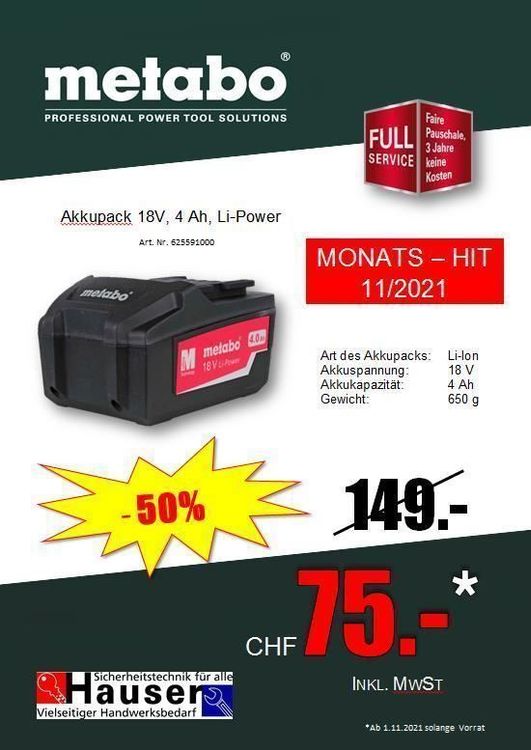 Metabo Akkupack 18V 4AH Aktion -50% | Kaufen auf Ricardo