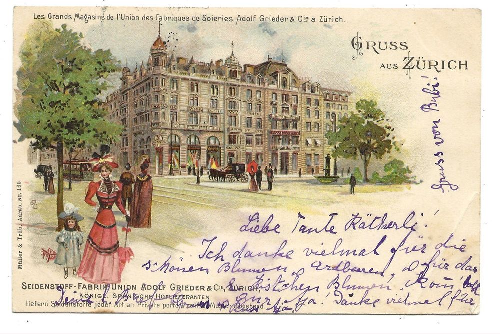Gruss Zürich - Seidenstoff Fabrik Union Grieder - Litho 1899 | Kaufen auf Ricardo