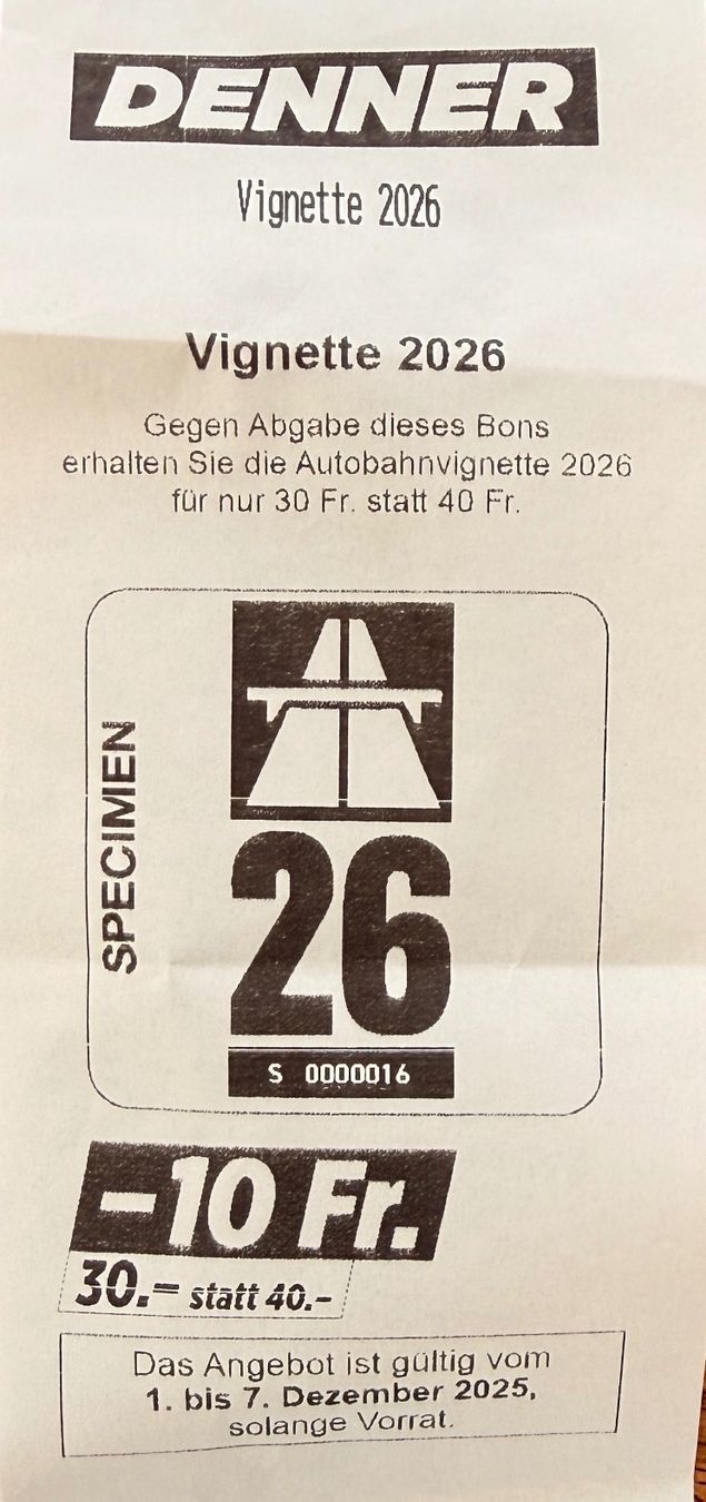 Denner Vignette 2026 Bon -10 CHF Rabatt, gültig bis 7.12.25 (Neu ...