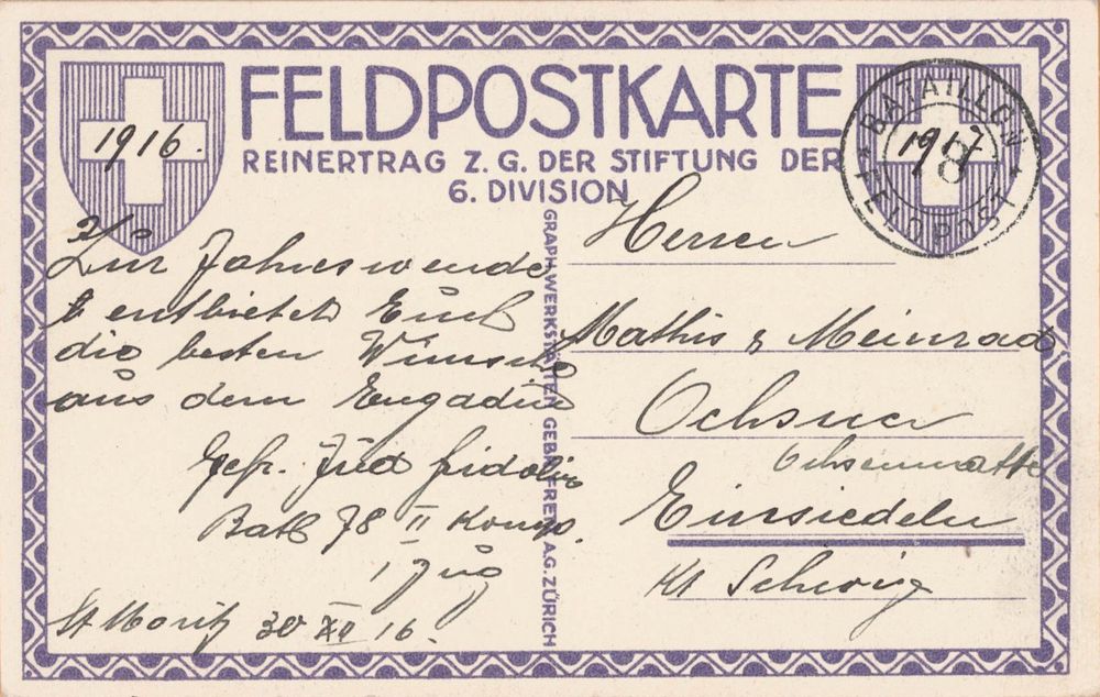 Feldpost mit ...... St. Moritz 30.XII.16 Bataillon ?8 (Gebraucht) in ...