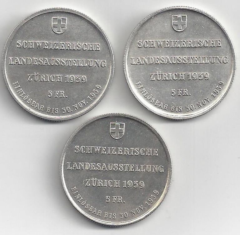 3 schöne Schweizer Silber 5 Franken-Gedenkmünzen Landi 1939 | Kaufen auf Ricardo