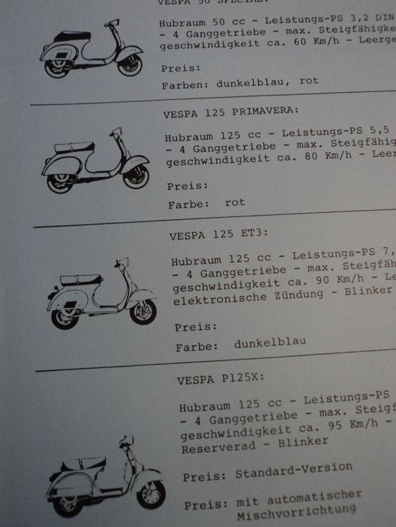 Prospekt Preisliste Piaggio P125X ET3 Primavera Vespa 1981 (Gebraucht) in Schwarzenburg für CHF ...