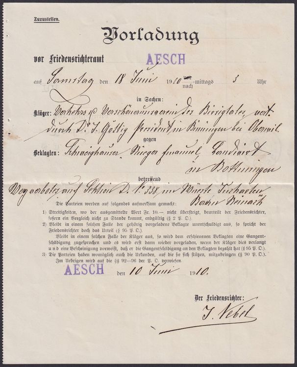 1910, Vorladung von AESCH (BASELLAND), sauber n.BINNINGEN (Gebraucht ...