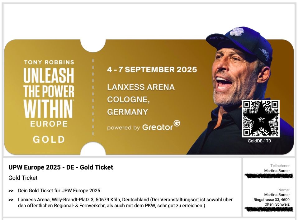 Tony Robbins LIVE - UPW 2025 Köln Gold Ticket (Neu und originalverpackt ...