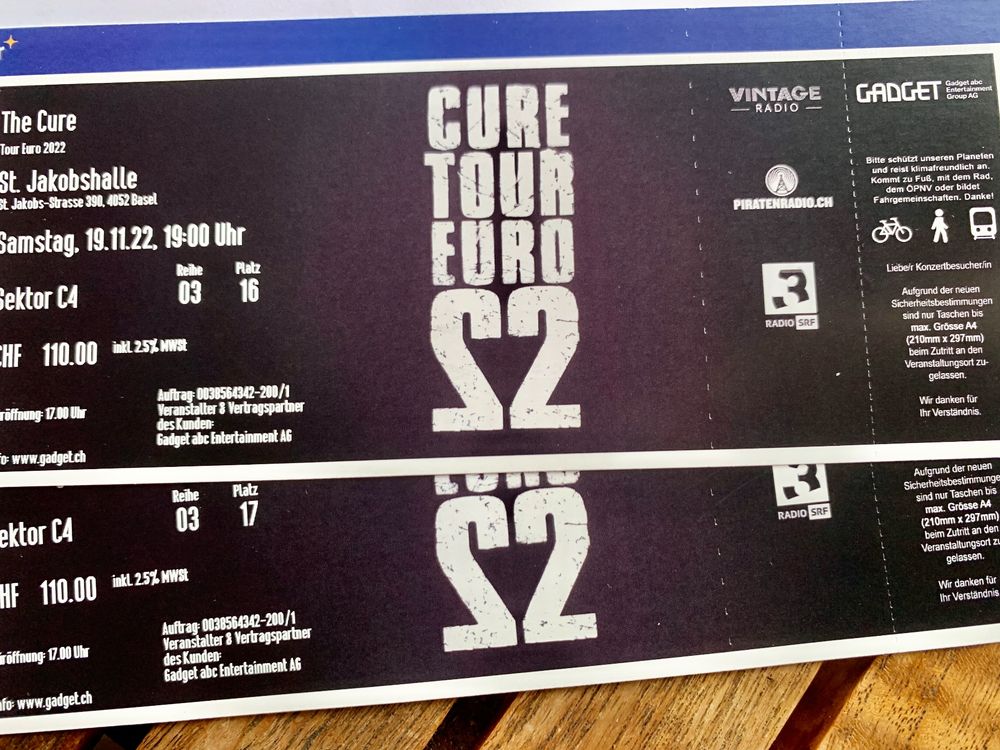The CURE 2x Tickets BASEL 19.11.22 (Neu und originalverpackt) in Zürich ...