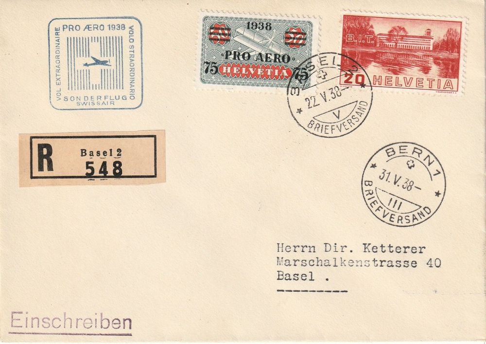 Pro Aero 1938, Etappe Basel-Bern auf Einschreibebrief (Gebraucht) in Turgi für CHF 5 – mit ...