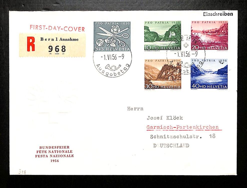 1956 FDC Pro Patria "DEUTSCH" illustriert und Einschreiben (Gebraucht) in Zürich für CHF 10 ...