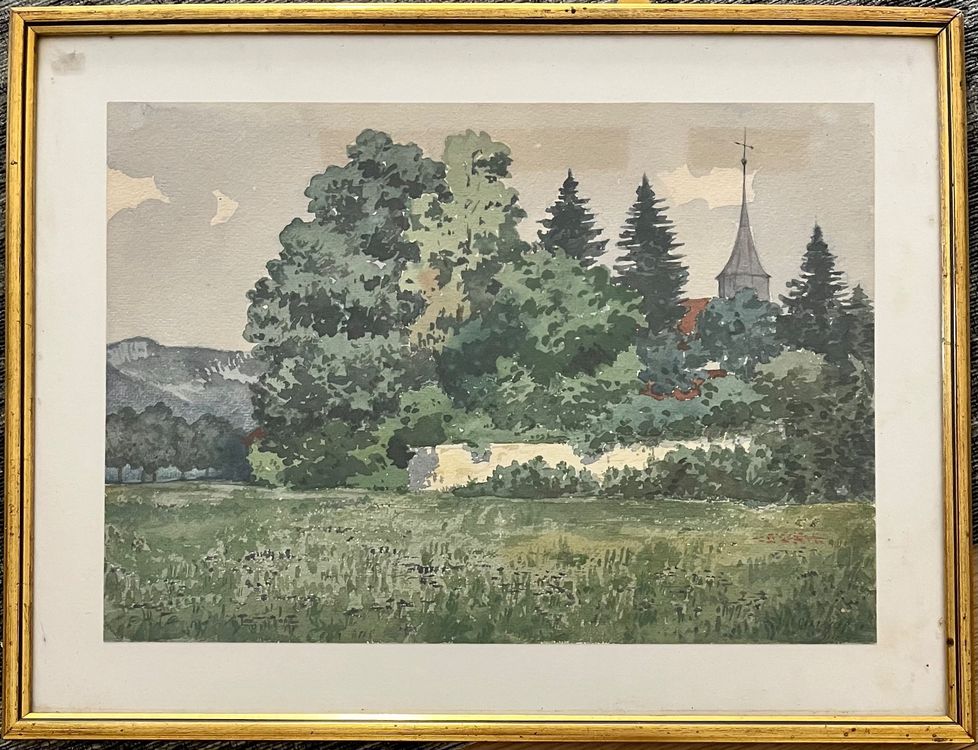 Antike Kirchen Ansicht, Landschaft Aquarell, Unl. Signiert | Kaufen auf Ricardo