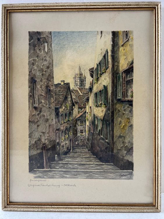 Strassenszene Org. Handzeichnung ölkreide Handsigniert. | Kaufen auf Ricardo