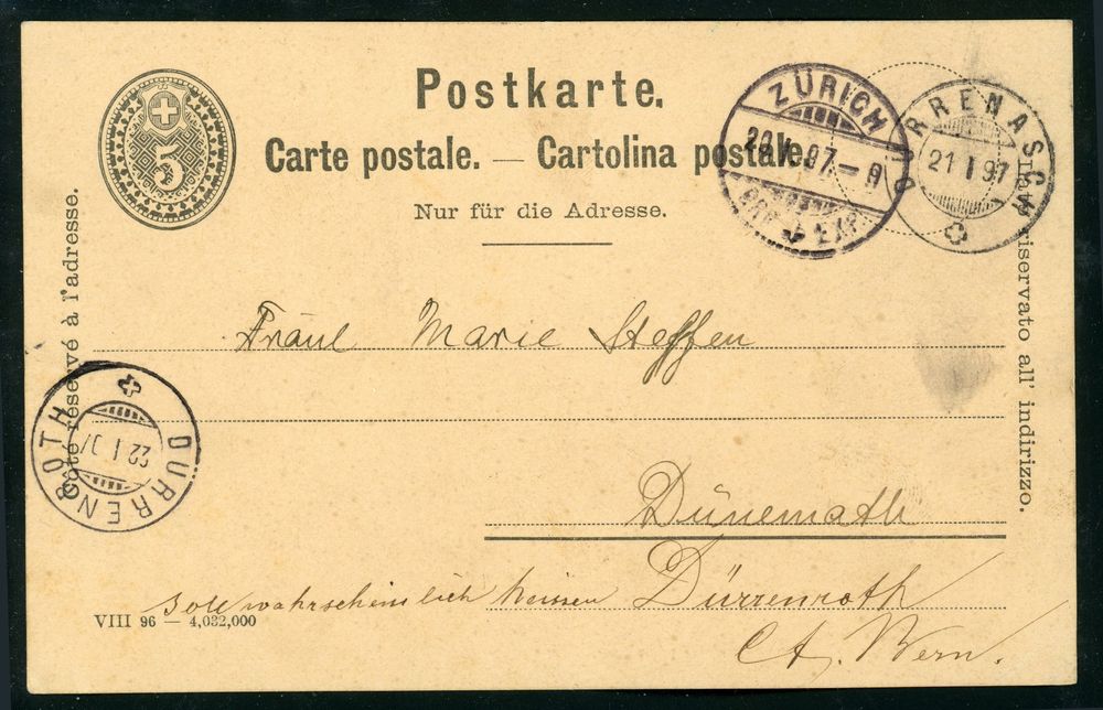 Postkarte: P26-T III / Pk 027 VII 96, Zürich-Dürrenroth 1897 | Kaufen auf Ricardo