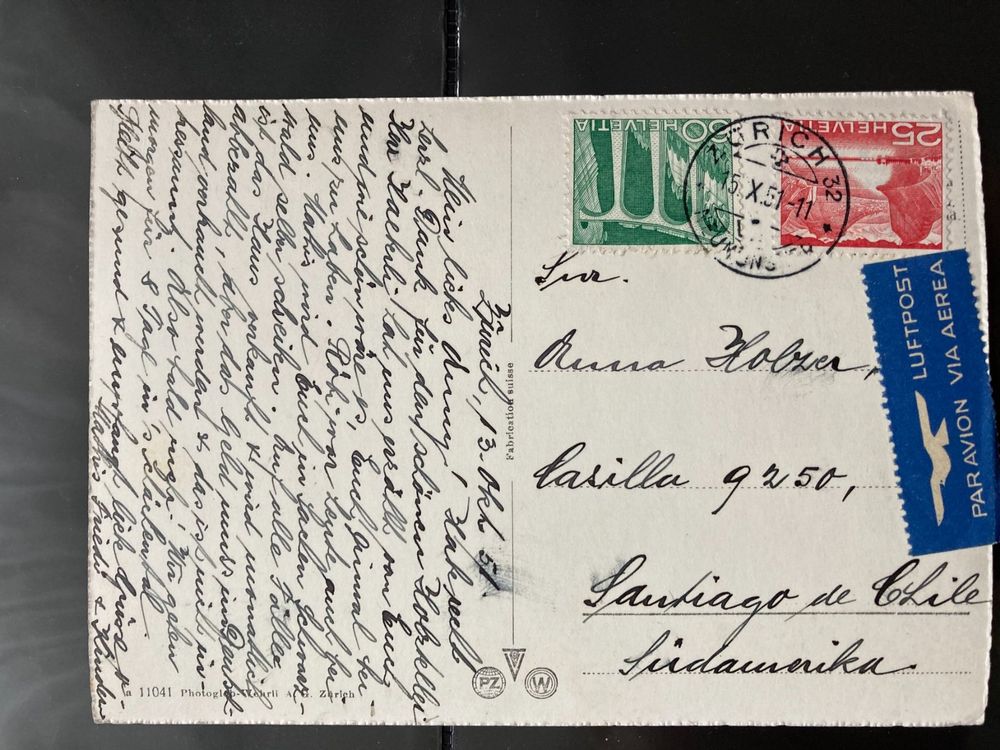 Schweiz 1951 AK Bellvueplatz Zürich Santiago de Chile Luftp. (Gebraucht ...