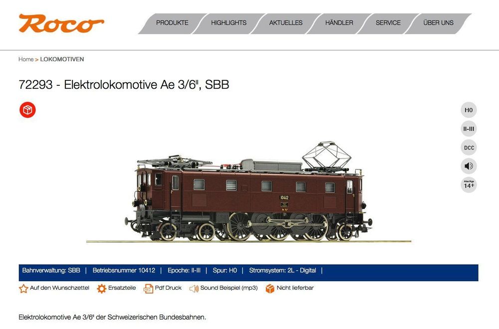 ROCO 72293 Lokomotive Ae3/II SBB DCC digital Sound neuwert. (Gebraucht ...