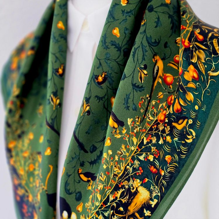 New 68cm Dark Green Floral Silk Scarf, Pear and Birds Print | Kaufen ...