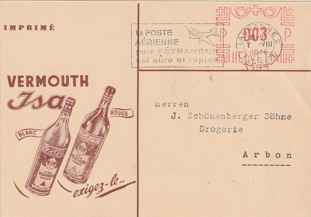 Lausan -Karte mit Reklame 1946 - Jsa-Vermouth (Gebraucht) in uttwil für ...