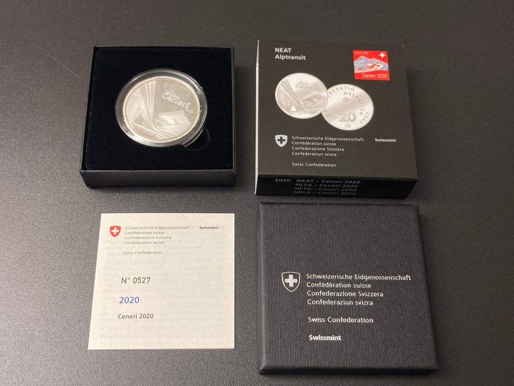 Gedenkmünze 20.- Silber "Ceneri NEAT Alptransit" 2020 PP (Neu und originalverpackt) in Brütten ...
