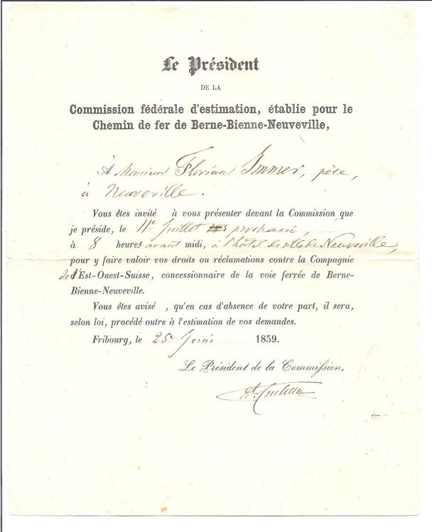 1859 commission fed. chemin de fer Berne-Bienne-Neuveville | Kaufen auf ...