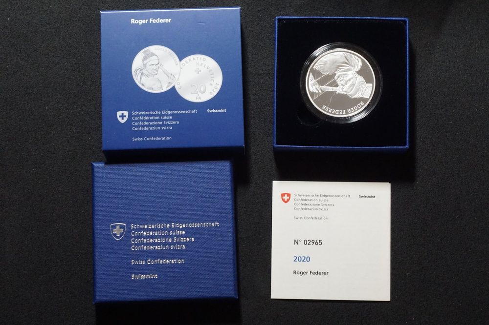 Roger Federer, 20 Fr., Silber, 2020, Polierte Platte (Neu und originalverpackt) in Gränichen für ...