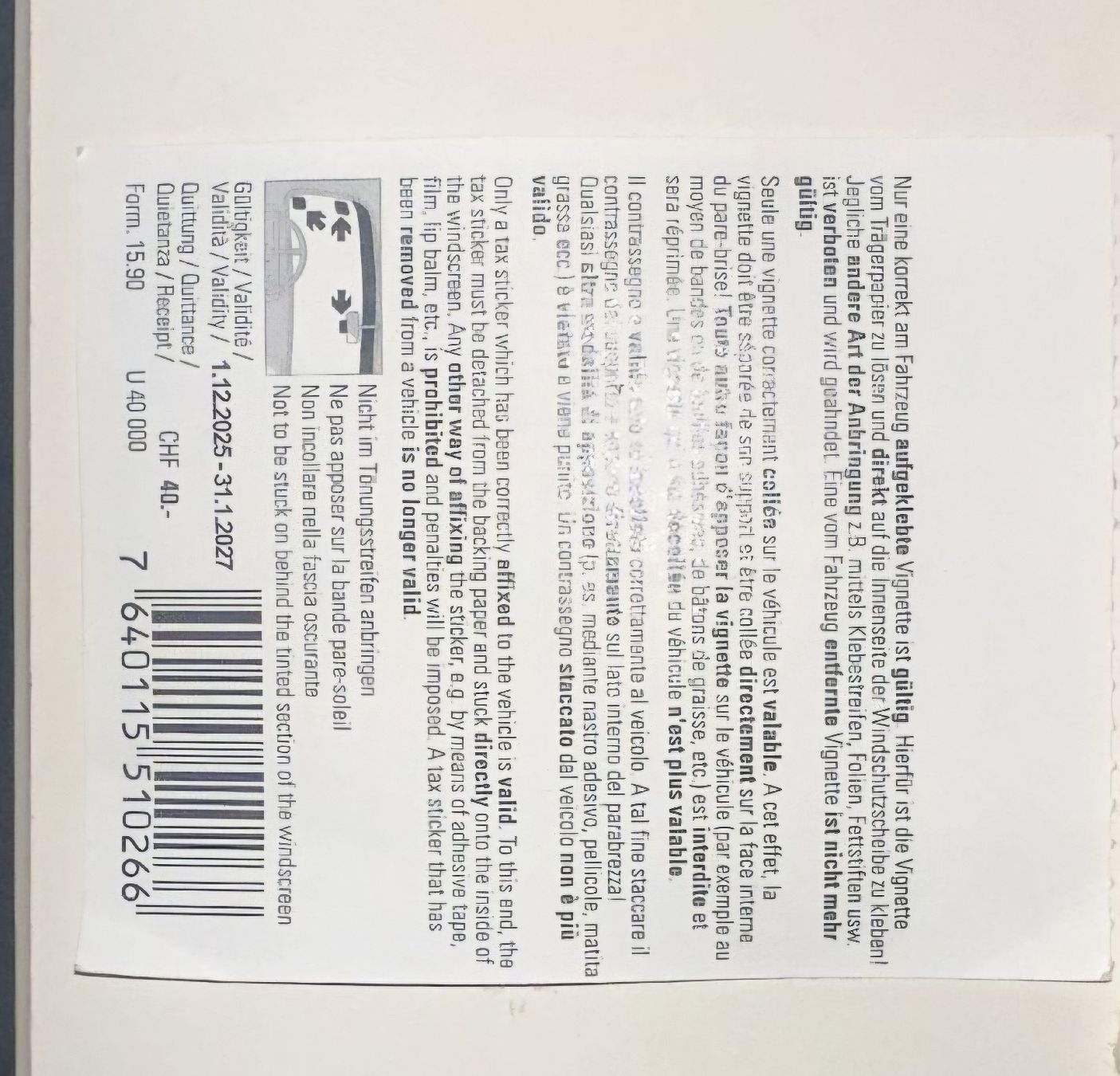 Autobahn Vignette , gültig bis 31.01.2027 Top! (Neu (gemäss ...