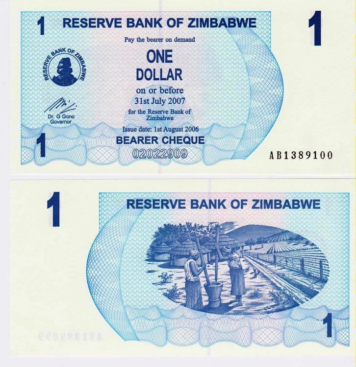 ZIMBABWE 1 DOLLAR 2006 (UNC) BEARER CHEQUE (Neuf (Voir description)) à ...