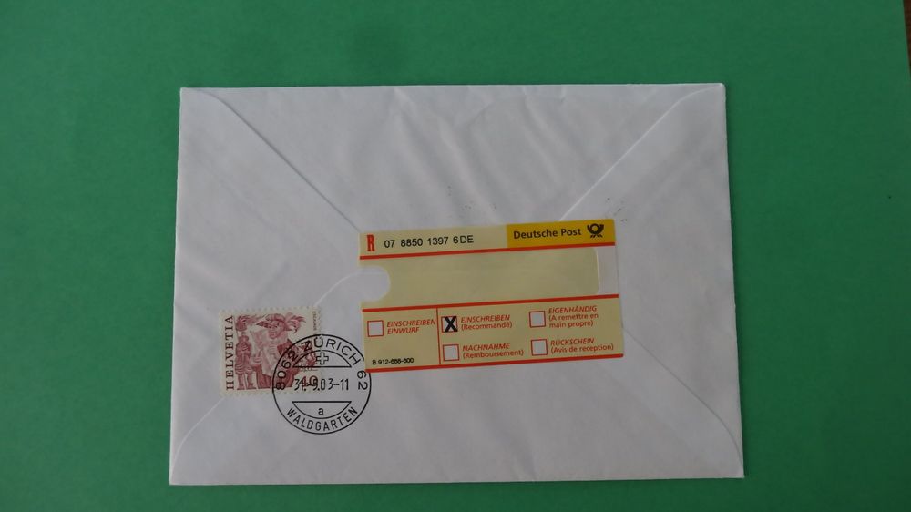 ZÜRICH 62 Waldgarten R-Brief Letzttag !! 31.5.03 28 (Gebraucht) in ...