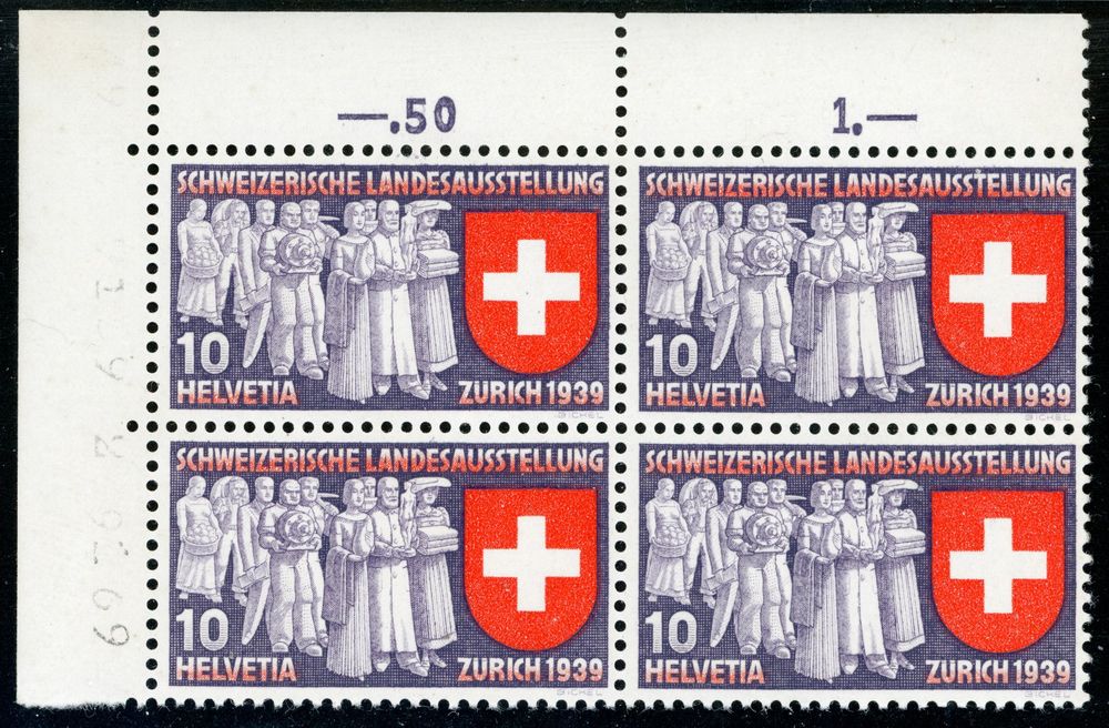 FWM Viererblock **: 219, Landi mit Bogeneckrand, 1939 (Neu (gemäss Beschreibung)) in Goldswil ...