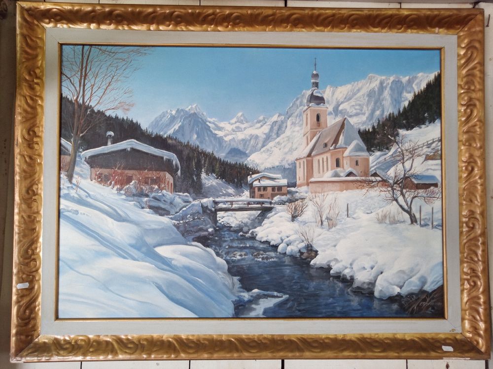 Schönes Winterbild Kirche mit Bergkulisse Gemälde P.Senn (Gebraucht) in Zofingen für CHF 239 ...