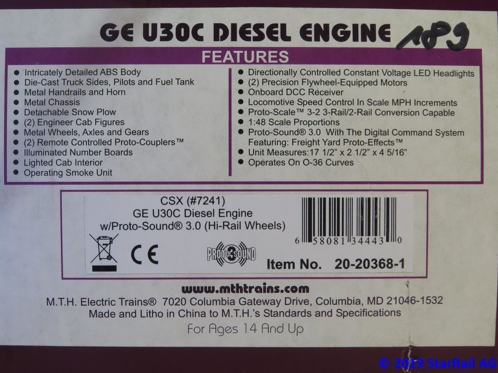 MTH 20-20368-1 CSX GE U30C Diesellokomotive ProtoSound 3.0 (Neu (gemäss Beschreibung)) in ...