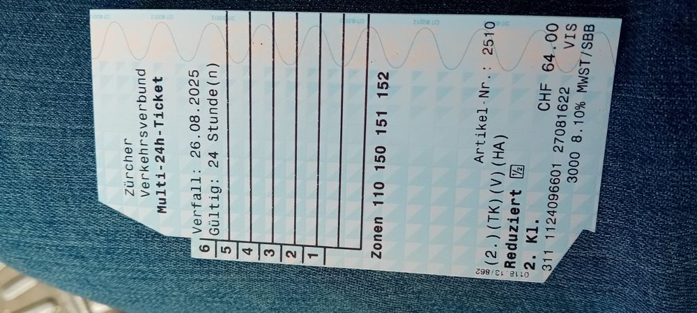 ZVV Multi-24-Ticket 26.08.2025 Red. Zonen 110 150 151 152 (Gebraucht ...