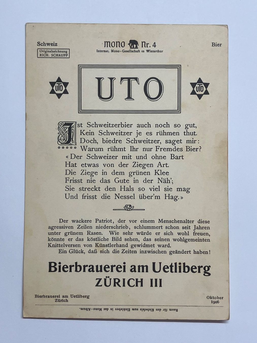 origin. Monokarte UTO Bierbrauerei am Uetliberg 1906, Zürich (Gebraucht ...