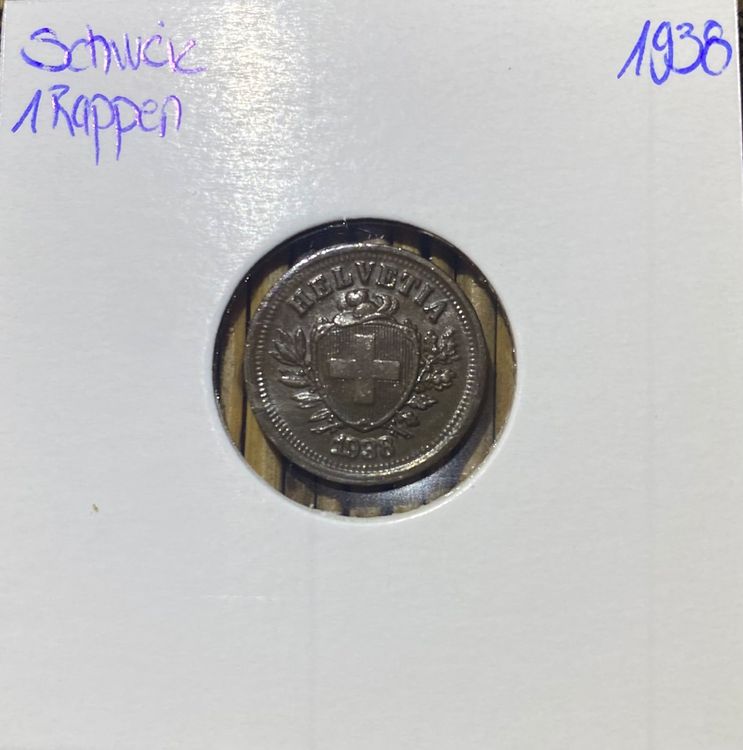 Schweiz 1 Rappen 1938 unz braune Patina alter Wappen (Neu (gemäss Beschreibung)) in Speicher für ...