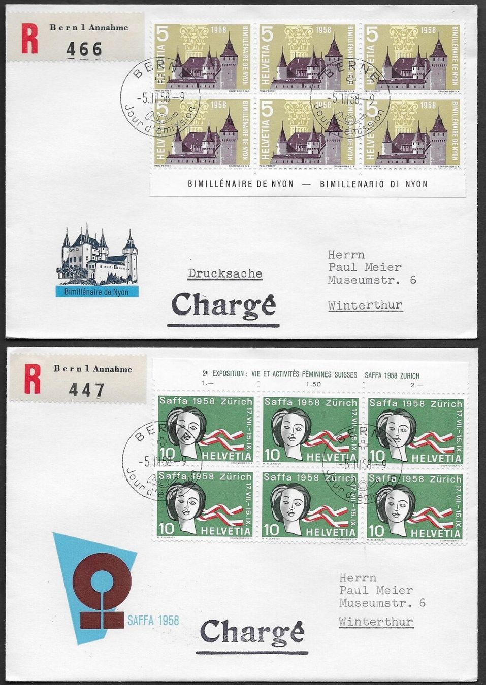 1958 WERBE 4 R/Ex. FDC illust. BERNE Serie 6er-Block ab 1.- (Gebraucht ...