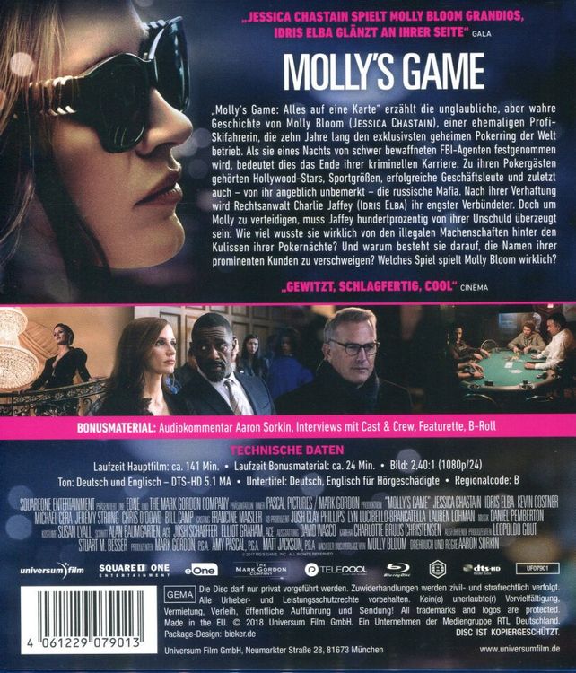 Molly's Game, Blu-ray mit Jessica Chaistain, Kevin Costner (Gebraucht ...