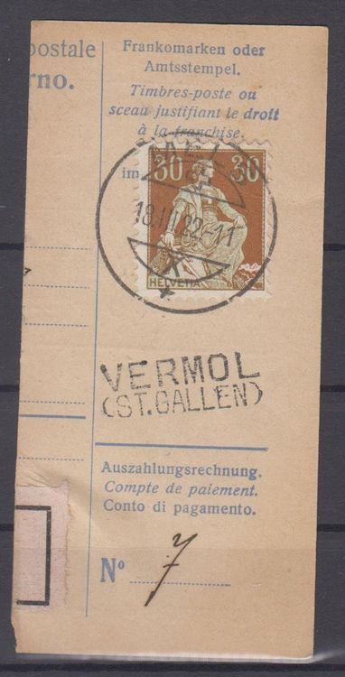 Oblitération linéaire Vermol (ST.Gallen) sur fragment (Gebraucht) in ...