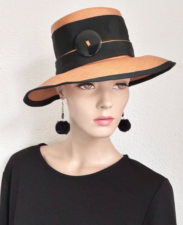 Vintage Strohhut Caramel mit schwarzem Repsband/Masche/Knopf (Gebraucht ...