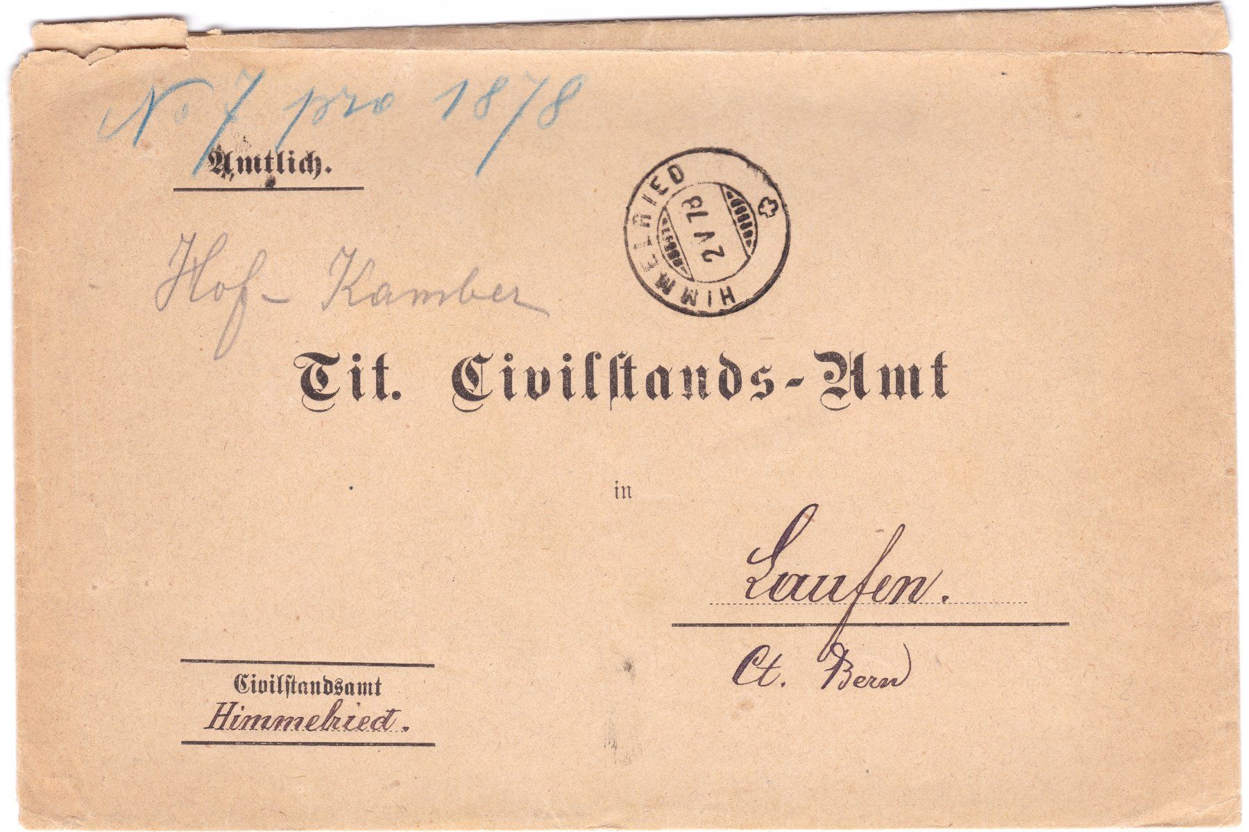 Heimat x 3: Umschlag Zivilstandsamt Himmelried 1878 n Laufen (Gebraucht ...