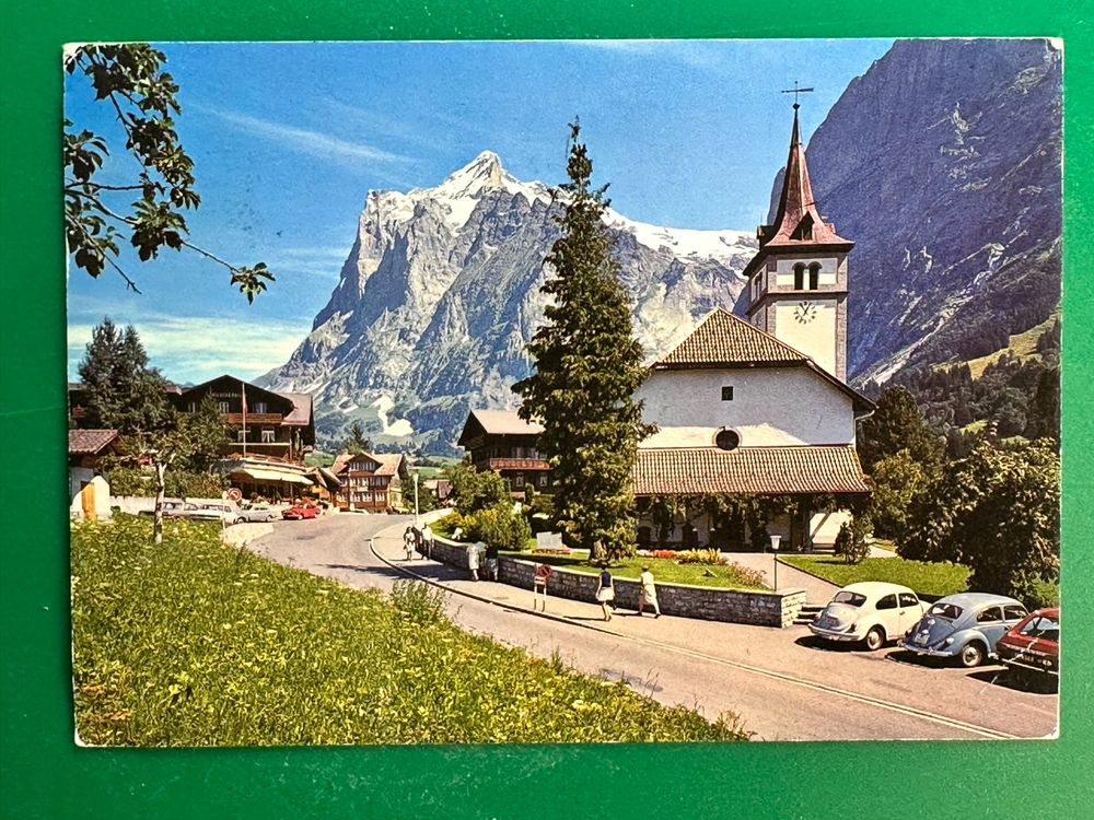 Grindelwald, Kirche und Wetterhorn - belebt - VW-Käfer (Gebraucht) in Steg VS für CHF 4.5 – mit ...