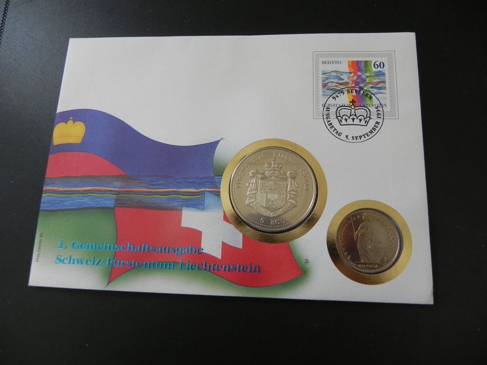Liechtenstein 5 ECU 1995 Münzbrief Schweiz Suisse 2 Franken (Gebraucht) in Biel/Bienne für CHF 2 ...