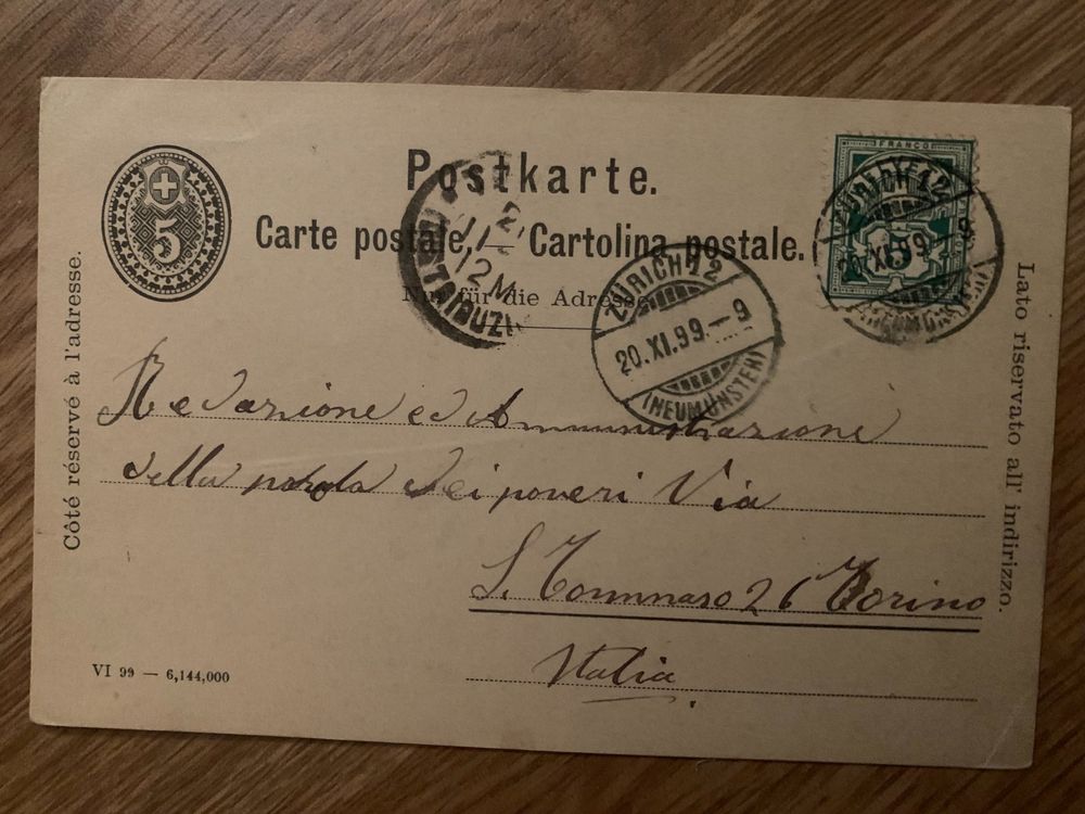 Postkarte 20.XI.99 Zürich 12 mit Wertaufdruck und Wertziffer (Gebraucht ...