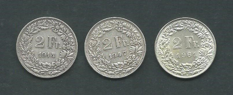3x 2 Fr. Silbermünzen 1914, 1947, 1961 (Gebraucht) in Mönchaltorf für CHF 20 – mit Lieferung auf ...