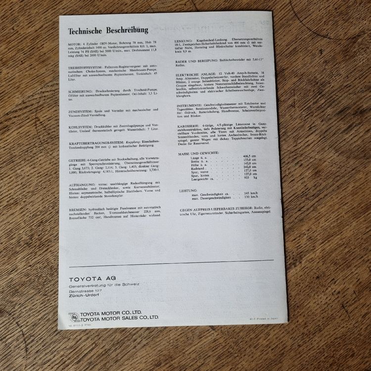 Prospekt Toyota Corona 60er / 70er Jahre Vintagecar Oldtimer (Gebraucht) in Trogen für CHF 17 ...