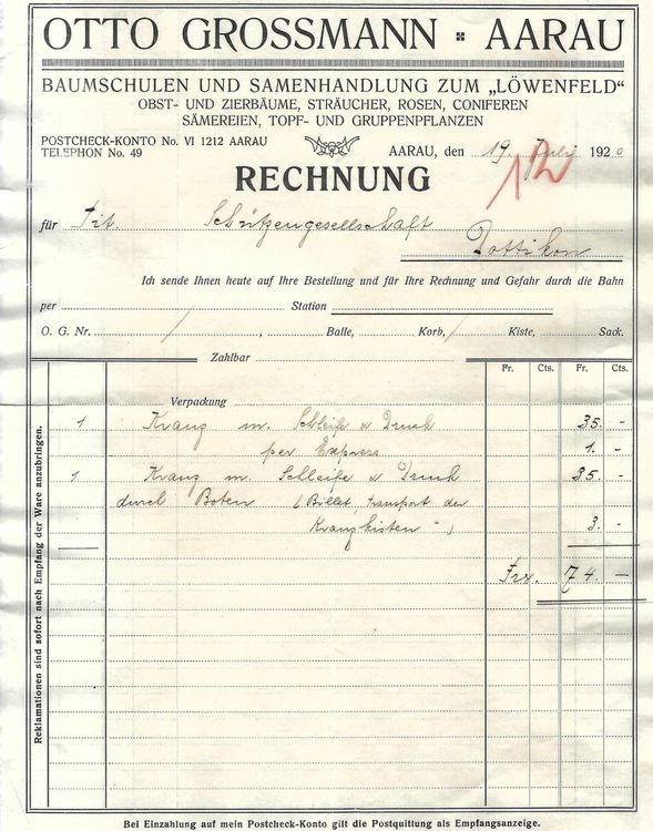 Alte Rechnung Otto Grossmann Aarau 1920 (Gebraucht) in Fislisbach für ...