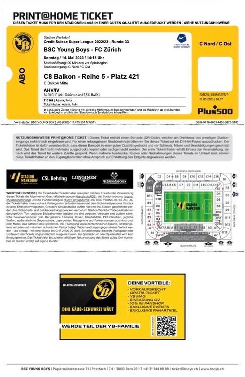 Ticket YB – FCZ vom So, 14.5.23 (Neu und originalverpackt) in Bern für ...