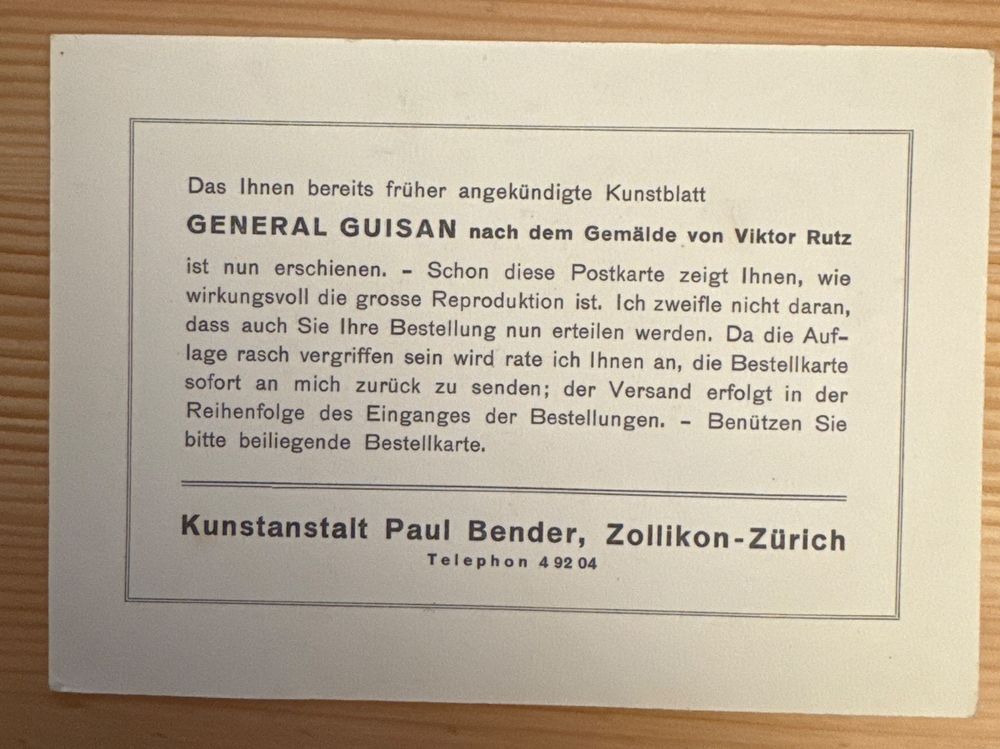 Werbe-Postkarte General Guisan (für ein Kunstblatt) (Neu (gemäss ...