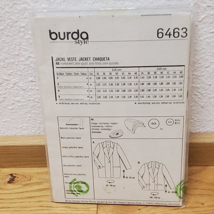 Jacke / Blazer Schnittmuster Burda 6463 | Kaufen auf Ricardo