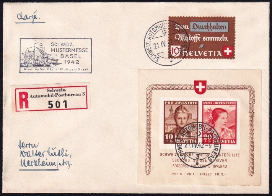 Pro Juventute 1941 Block 6 auf R-Brief, Kat. 650.- (Gebraucht) in Aesch LU für CHF 72 – mit ...