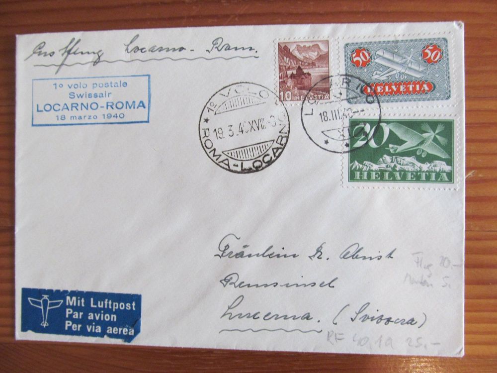 SWISSAIR FLUGPOST von 1940 Locarno-Roma | Kaufen auf Ricardo