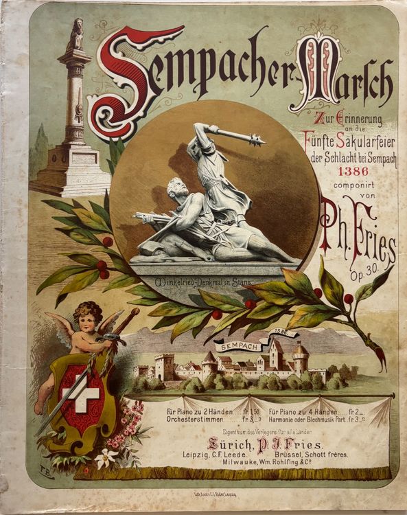 Antike Musiknoten, Marsch, Sempach, Winkelried, Stans, Litho (Gebraucht ...
