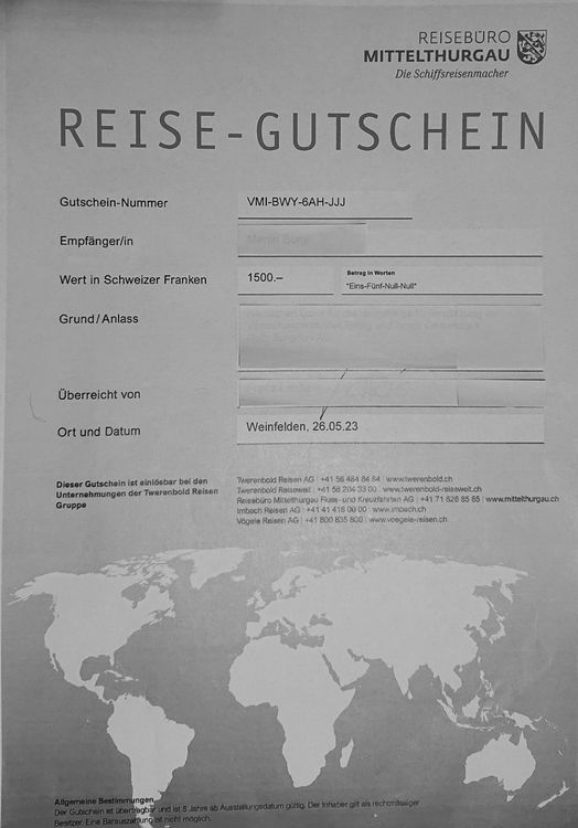 Reisegutschein über CHF 1'500 | Kaufen auf Ricardo
