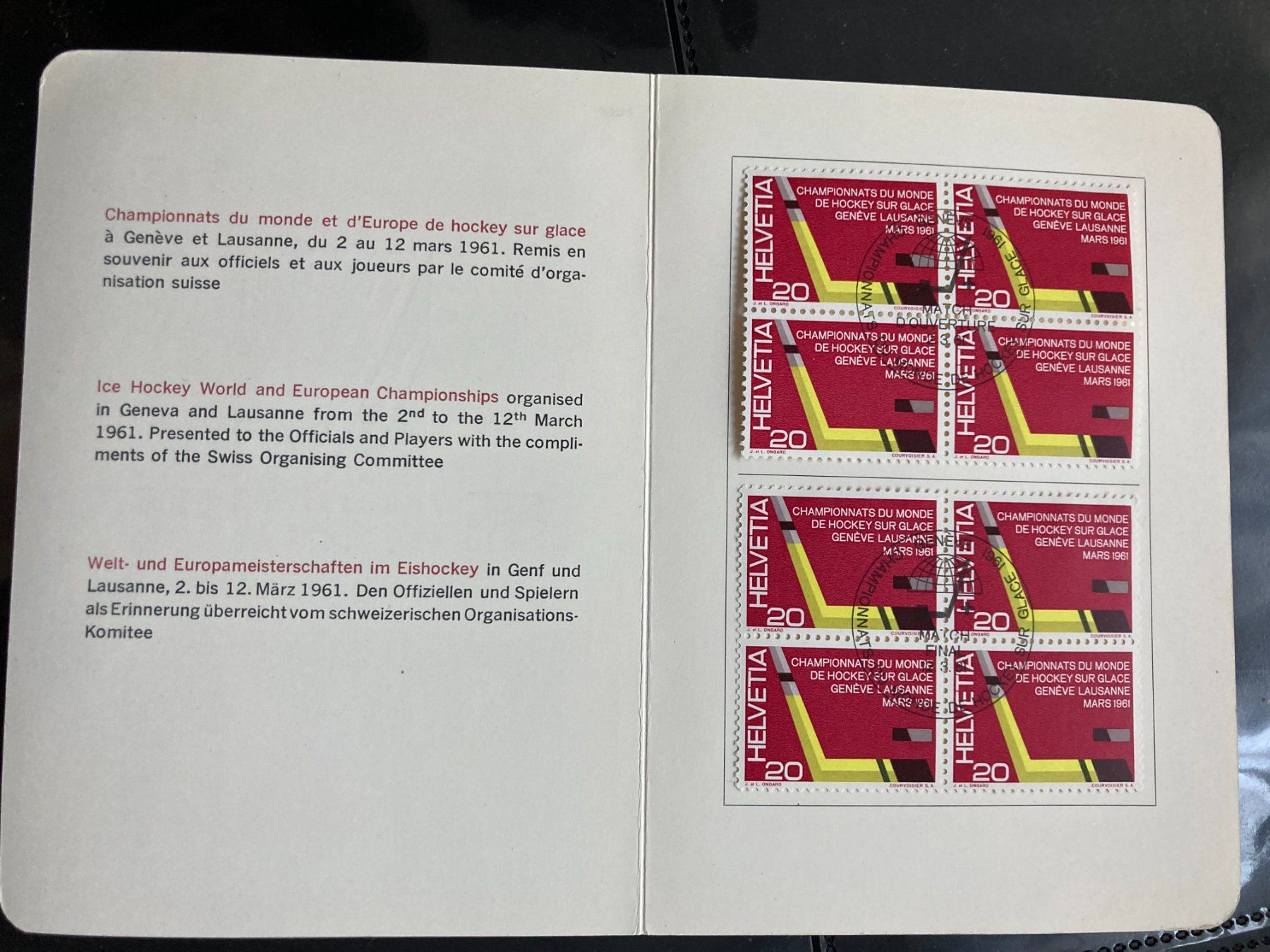 Schweiz 1961 Folder Eishockey WM 4er-Block Eröffnung Final (Neu (gemäss ...