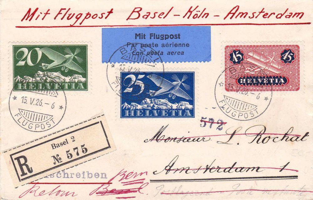 RF 26.4EGI, 1926, Basel-Amsterdam, R-Brief mit 2 Flugmarken | Kaufen auf Ricardo